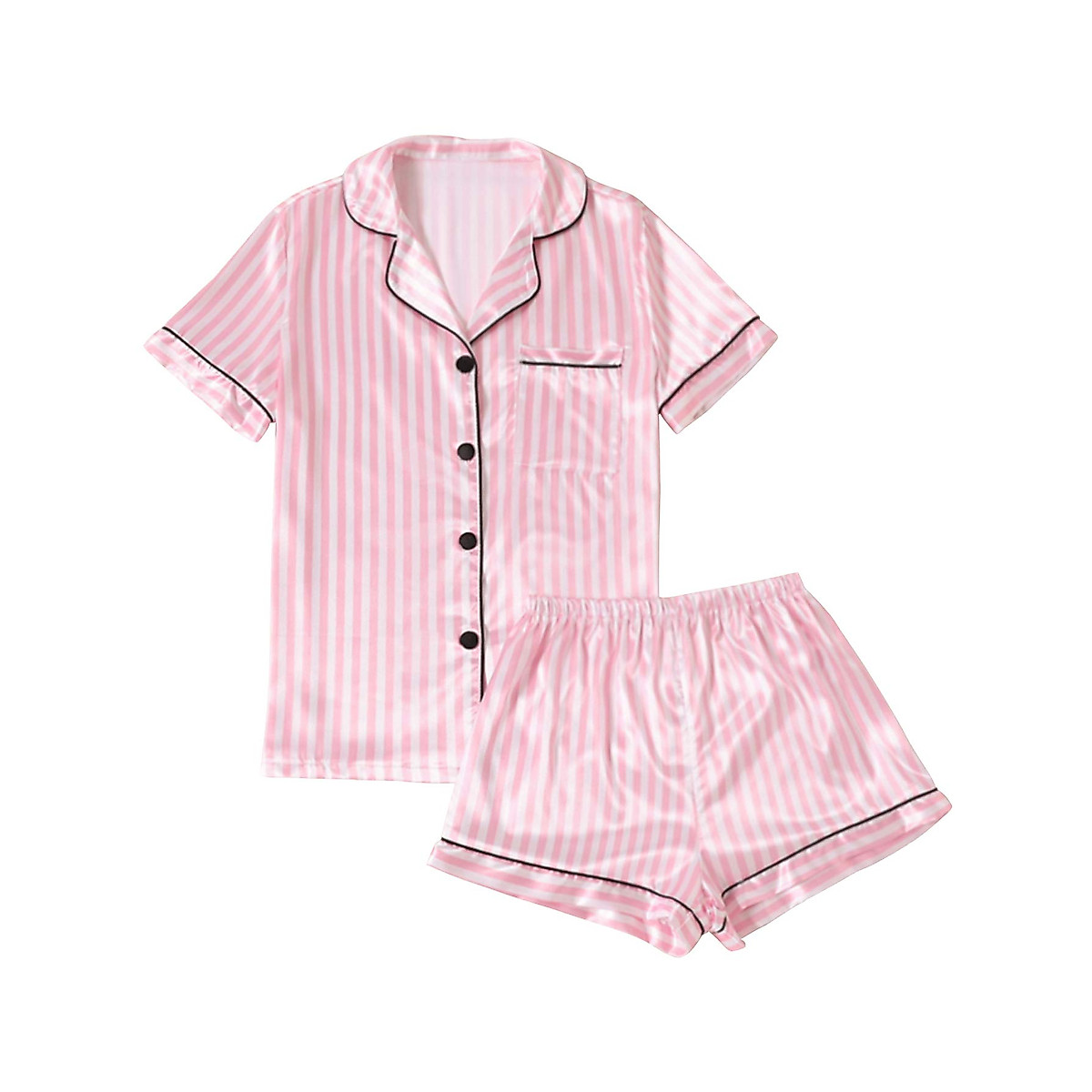 LYANER Women's Striped Silky Satin Pajamas Short Sleeve Top with Shorts Sleepwear PJ Set Pink Large