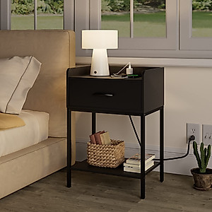 Masupu Nightstand with Charging Station,3-Tier Modern Bedside Night Stand with Storage Drawer and Shelf,Small End Side Table for Bedroom,Living Room,Black