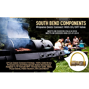 South Bend Components LP Gas Quick Connect Fitting, 100% Solid Brass – Propane Gas Quick Disconnect Adapter with On-Off Valve 1/4" Female NPT Thread for RV, Grill, BBQ, Pizza Oven, Patio Heater