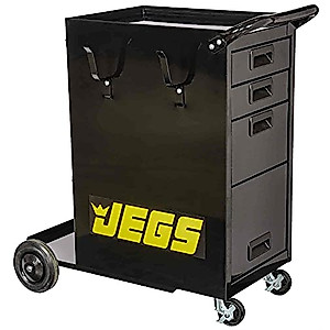 JEGS Welding Cart with Drawers and Welding Tank Platform - Fits Most MIG, TIG, ARC Welding Machines, Plasma Cutter - Steel Constructed and Black Powder Coat Finished Welding Table with Locking Wheels