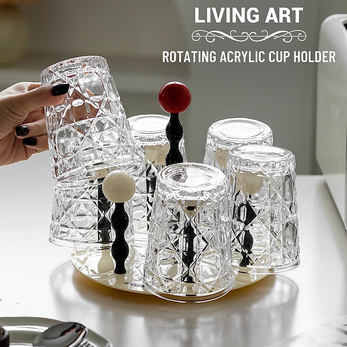 HASSLICKIT Cup Drying Rack Stand, 360° Rotating 6 Cups Mug Holder, Glass Cup Organizer Holder Rack, Modern Decor for Table, Kitchen Countertop (White)