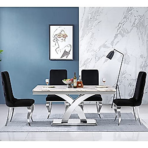 AZhome Dining Chairs, Black Velvet Upholstered Dining Room Chairs in Buttons Tufted Backrest, High Back Heavy Duty Dining Chair with Silver Mirrored Stainless Steel Legs, Set of 6