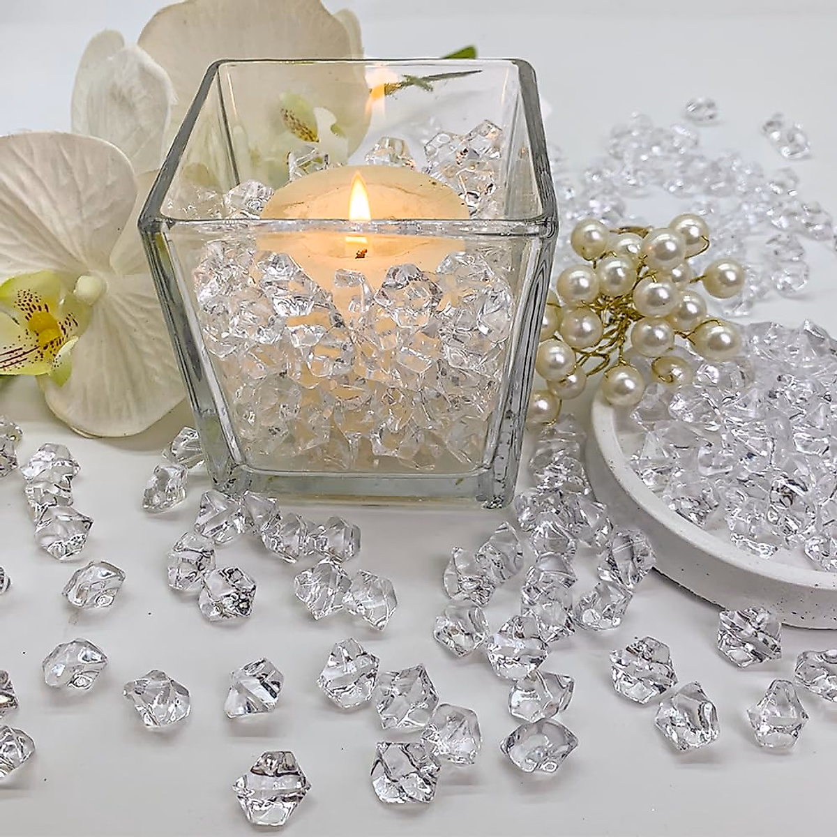 Fake Ice Cubes 750 PCS Clear Acrylic Rocks Vase Fillers for Centerpieces,Crystal Gems Stones Dazzlers Diamonds for Decor Photography Prop,Arts Crafts,Table Scatter,Home Decoration