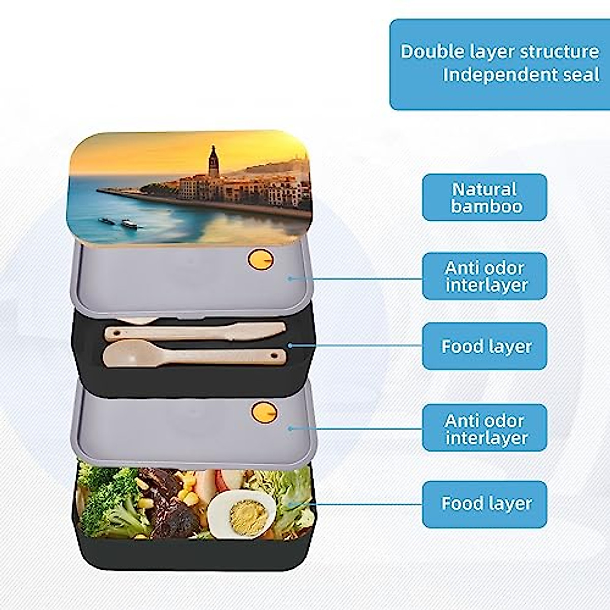Sunset In Barcelona Adult Lunch Box, Bento Box, With Cutlery Set Of 3, 2 Compartments, Rectangular, Lunch Box For Adults