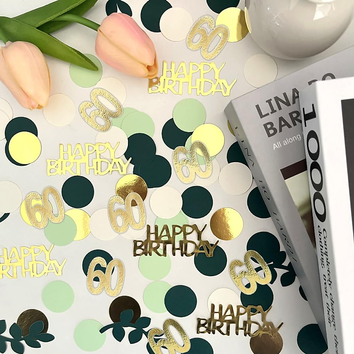 Sage Green 60th Happy Birthday Confetti, 60th Birthday Table Decorations Scatter Confetti Birthday Cake Confetti, Green Gold Foil Confetti Decorations for 60th Birthday Woman Men Party Decor 230 Pcs
