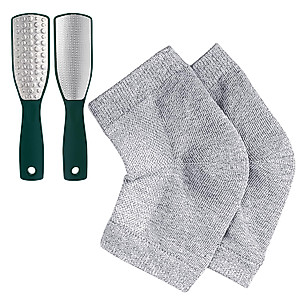 Foot File and Spa Socks Set, Foot Care Pedicure Stainless Steel File, Gel Lined Toeless Spa Socks, Moisturizing Heel Socks (Green+Grey)