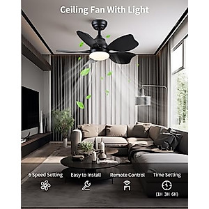 Newday 30" Ceiling Fan with Light and Remote, Small Ceiling Fans with Lights, 5 Reversible Blades 3 Colors Dimmable 6 Speed Ceiling Fan for Bedroom Kitchen Dining Room, Black Ceiling Fan with Light