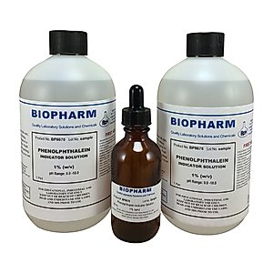 Phenolphthalein pH Indicator 1% Solution — Two 500 mL (1.06 Pint) Bottles Plus 1 Dropper Bottle containing 50 ml of Solution