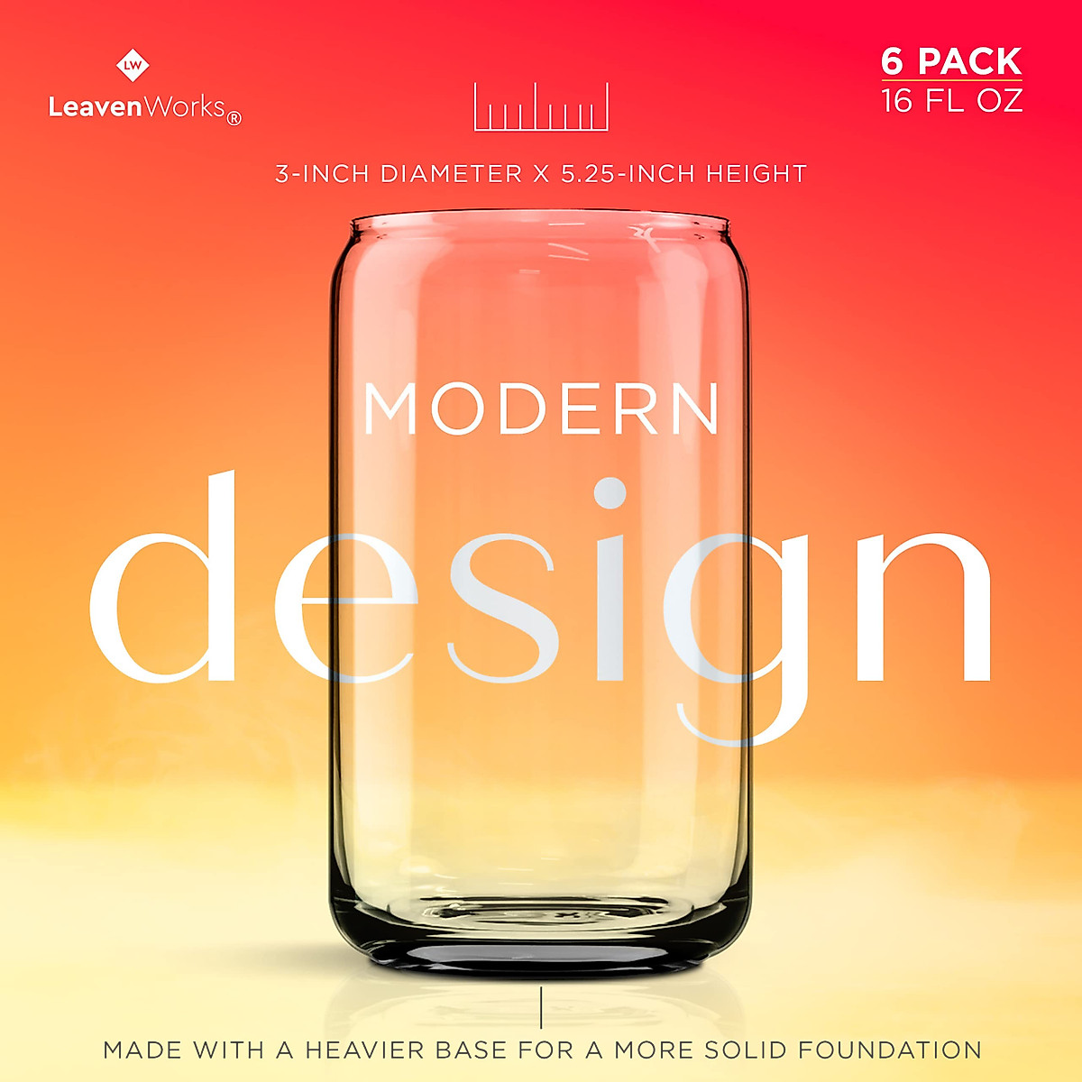 Leavenworks Beer Can Shaped Glass | 16 oz | Aesthetic Cups Used For Iced Coffee, Smoothies, Soda, Beer, Water Tumblers | Unique Glass Cups Set | Dishwasher-safe Glassware (6 Pack)