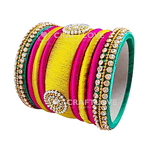 GOELX Festive Offer: Rani Pink Green and Gold Silk Thread Handcrafted Bangle Bracelet for Women - 2.4