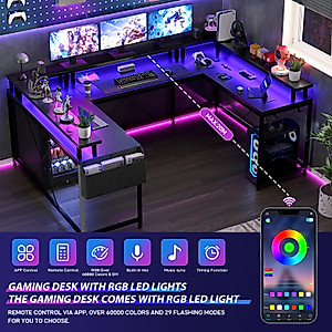 Jojoka U Shaped Computer Gaming Desk, Reversible L Shaped Desk with Power Outlets, LED Strip & Monitor Stand, Large Corner Desk with Storage Shelves for Home Office, Black