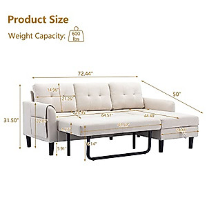 CALABASH Couch with Pull Out Bed, L Shaped Sleeper Sectional Sofa Bed with Storage, 3 Seater Couch and Reversible Chaise for Living Room Furniture Set (Beige)