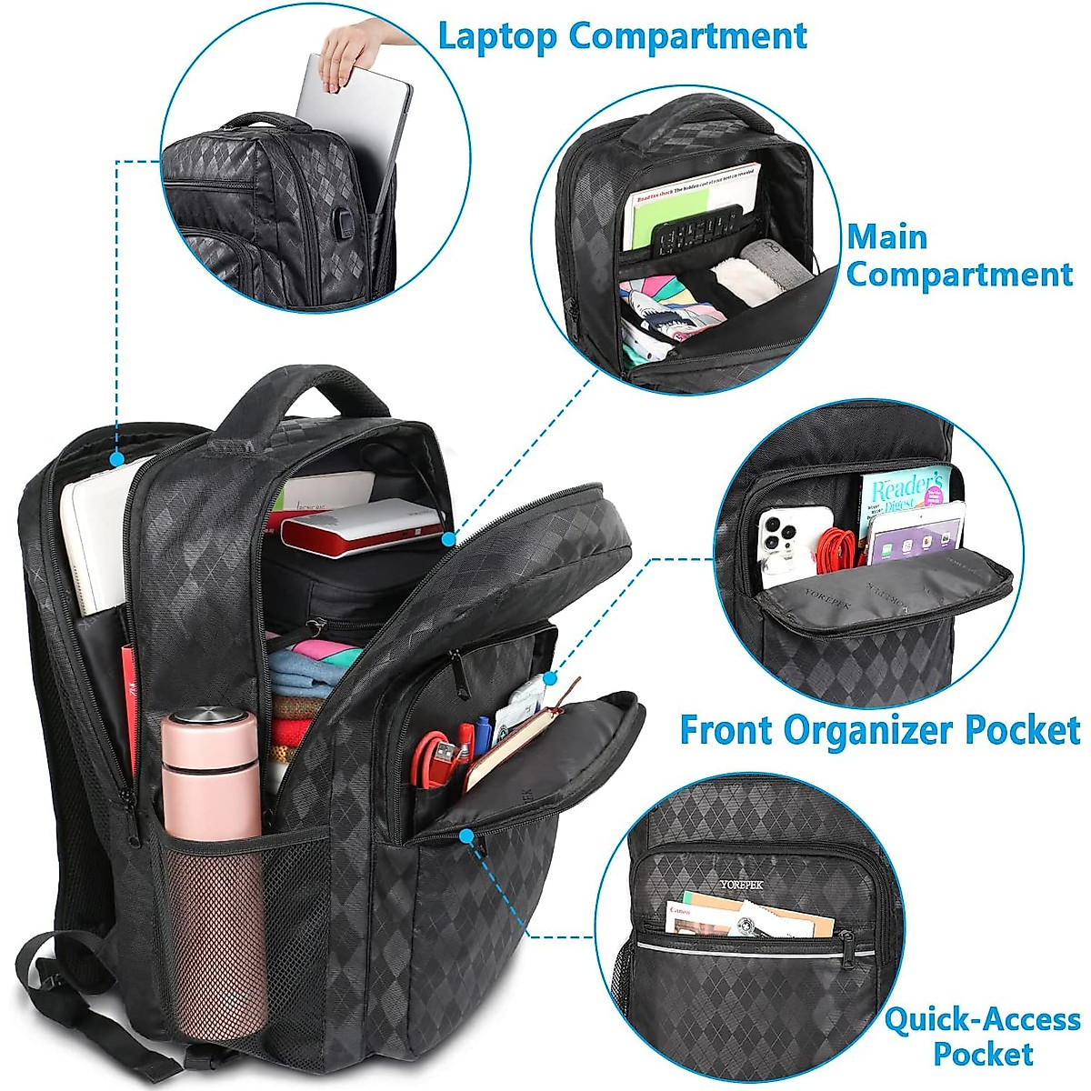 Rolling Backpack, Waterproof Travel Backpack with Wheels for Men Women Adults, 17 Inch Wheeled Roller Bag with USB Charging Port, Carry on Luggage Laptop Backpack for Business College School, Black