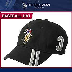 U.S. Polo Assn. Dad Hat, Embroidered Horse Logo Adjustable Adult Baseball Cap with Diagonal Accent Stripes, Black, One Size