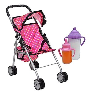 fash n kolor - My First Baby Doll Stroller - Pink Polka Dot Doll Stroller with Basket- Soft Grib Handle. Foldable with Hood Toy Doll Pram Baby Doll Accessories. With 2 Free Bonus Doll Bottles Included