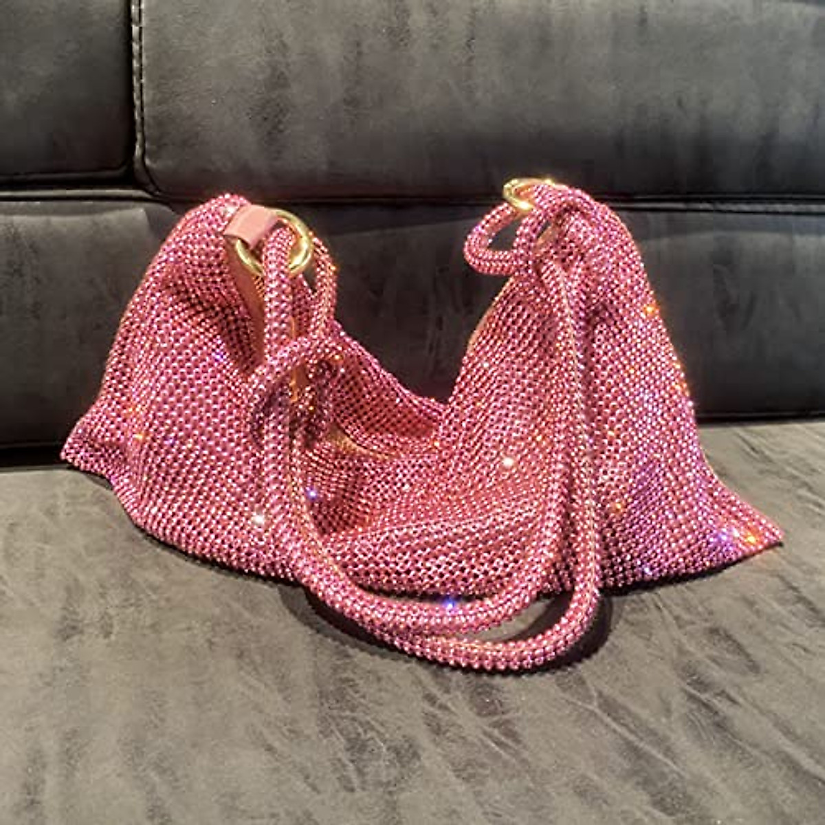 MSUIINT Rhinestone Purses for Women, Chic Sparkly Evening Handbag Bling Hobo Bag Shiny Silver Clutch for Party Wedding, Rose