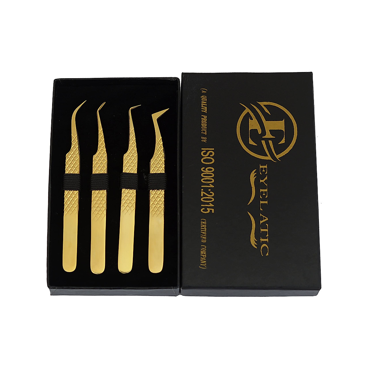 Eyelatic Lash Tweezers, Eyelash Extension Tweezers Set of 4 Volume Tweezers False Eyelash Applicator For Light Volume or Mega Volume Fans Lash Extension Golden