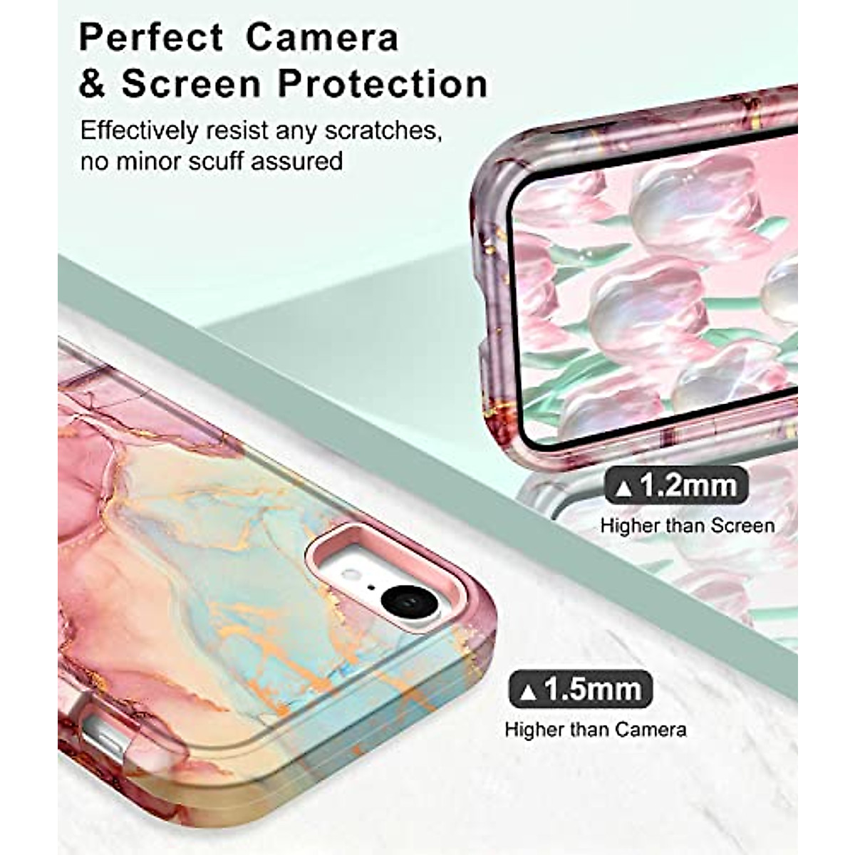 Btscase Compatible with iPhone XR Case, [5 in 1] with 2 Pack Screen Protector + 2 Pack Camera Lens Protector, Stylish Marble Full Body Three Layer Rugged Shockproof Protective Cover, Rose Gold