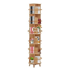 6 Tier Rotating Bookshelf 360 Display Floor Standing Bookcase Spinning Bookshelf Tower Tall Narrow Wooden Book Shelf Rotating Book Shelf with Legs Book Shelf Organizer for Bedroom Living Room DIY