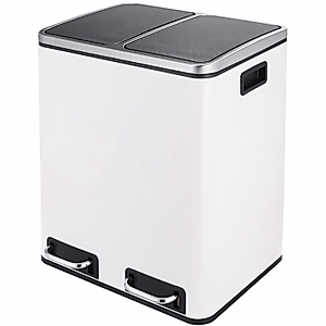 Arlopu 8 Gallon Dual Trash Can, 30L(2X15L) Stainless Steel Kitchen Garbage Can, Step-on Classified Recycle Garbage Bin with Removable Inner Buckets, for Kitchen, Living Room, Office (White)