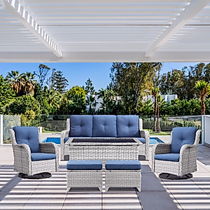 Artfurniz Wicker Patio Furniture Set: 6 Piece Outdoor Conversation Sets with Swivel Rocker Chairs, Patio Couch, Ottomans and Coffee Table for Porch Balcony Garden, Light Grey