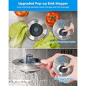 Hibbent Upgraded 3 in 1 Kitchen Sink Drain Strainer and Stopper Combo, Stainless Steel Metal Pop Up Sink Stopper, Anti-Clogging Basket Strainer with Handle for US Standard 3-1/2 Inch Drain