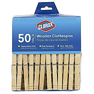 Clorox Wood Clothespins with Spring - Value Pack of 50 Clips, Rust Resistant with Heavy-Duty Coil for Line Drying Laundry, Chip Bags, and Crafts