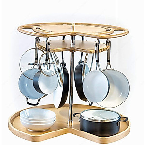 Richelieu Kitchen Solutions NSLSKM28S7 Swiveling 28" Diameter Wood Kidney shape Lazy Susan with 7 Metal Hooks for Pots and Pans