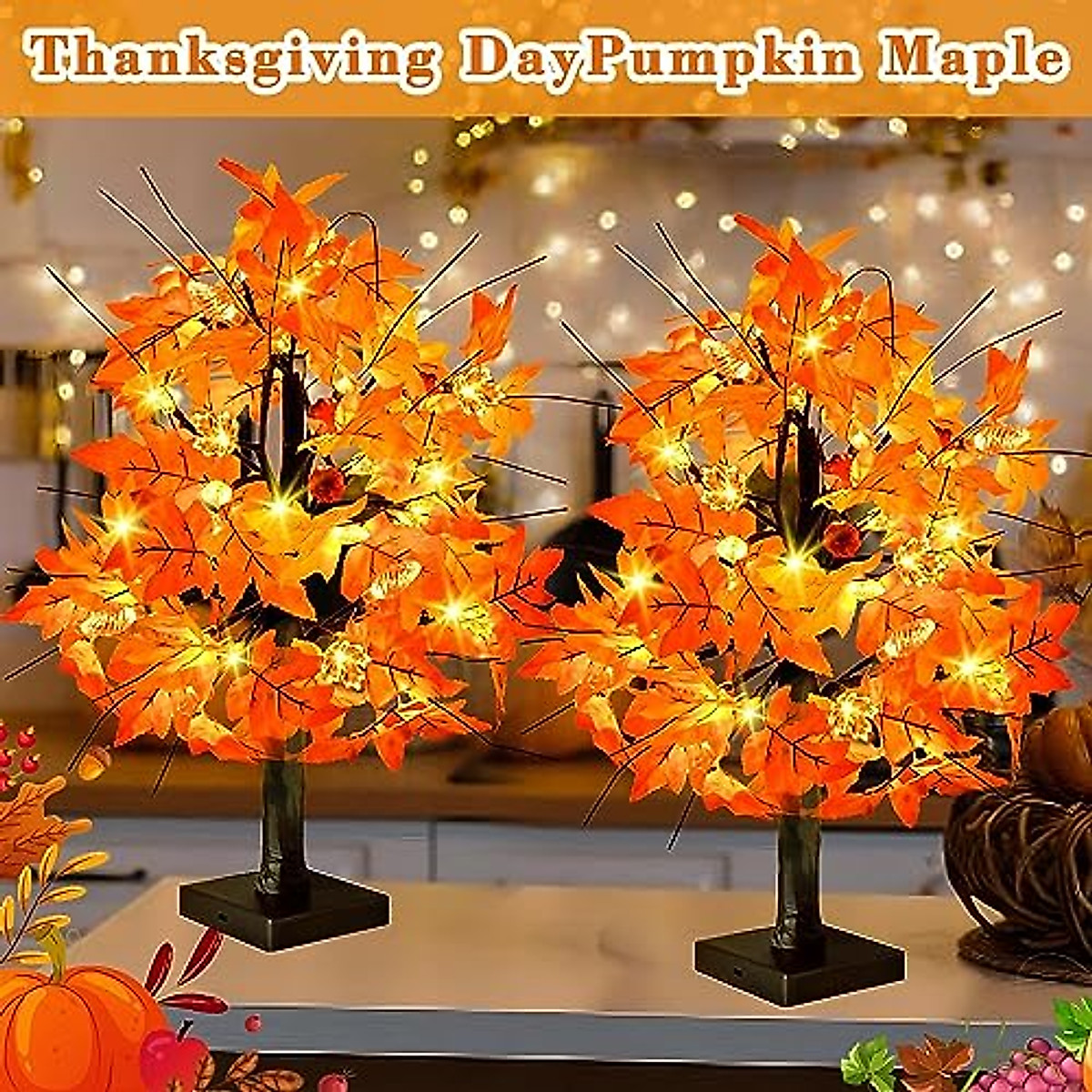 [ 2 Pack & Timer ] 24 Inch Lighted Maple Tree Fall Decorations with 48 LEDs Timer Battery Operated Artificial Autumn Tabletop Tree for Thanksgiving Harvest Indoor Home Decor