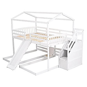 OYN Full Over Twin & Twin Floor Triple House Bunk Bed with Slide, Storage Staircase, Built-in Drawer and Shelf for Children Teens Boys and Girls ,Modren Bedroom Bedframe Furniture, White