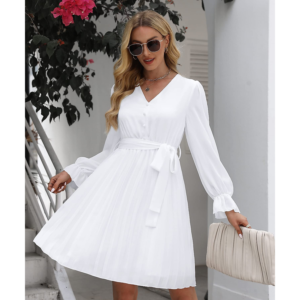 Kenaque Womens Long Sleeve V Neck Dresses for Wedding Guest Ruffle Lantern Sleeve Pleated Mini Dress with Belt Off-White