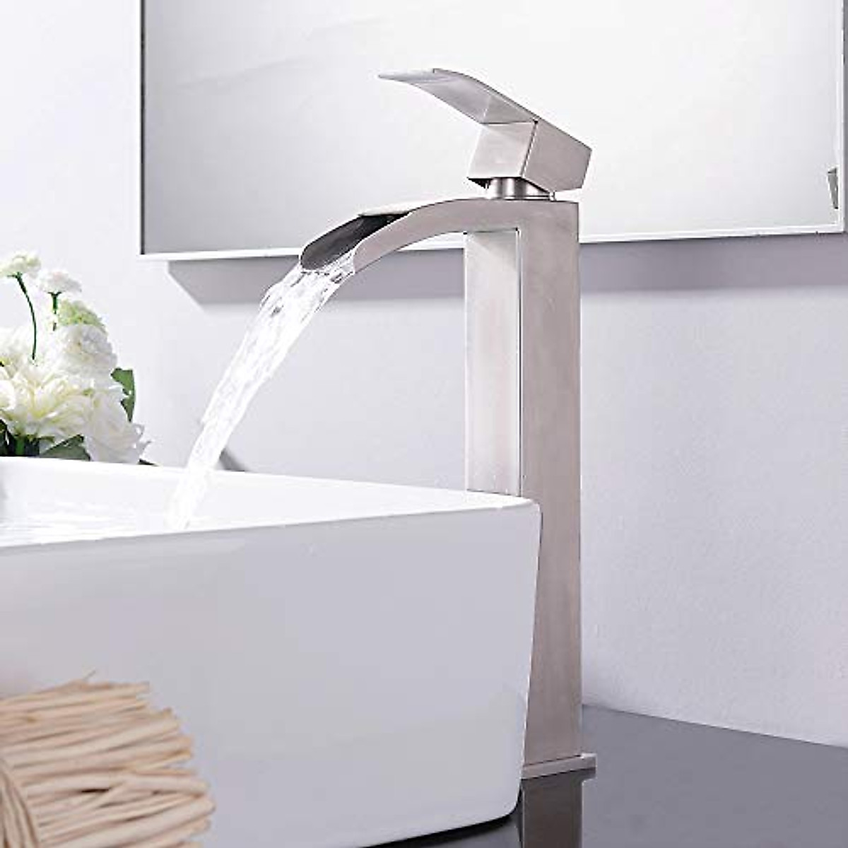 VCCUCINE Modern Vessel Sink Brushed Nickel Tall Waterfall Bathroom Faucet, Single Handle Mixer Vessel Sink Faucet with Pop Up Drain and Two 3/8" Hoses