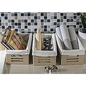 Creative Scents Wooden Storage Bin Container - Decorative Toilet Tank Storage Basket - Closet and Shelf Basket Bathroom Organizer Lined with Machine Washable Soft Linen Fabric - Tan, Extra Small