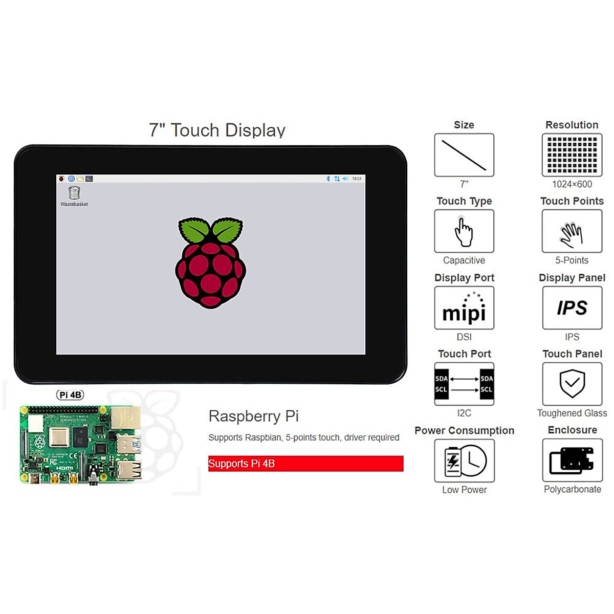 XYGStudy 7inch Capacitive Touch IPS Display Screen LCD for Raspberry Pi with Protection Case, DSI Interface Resolution 1024×600 Supports Raspberry Pi 4 Model B (7inch DSI LCD (C) (with case A))