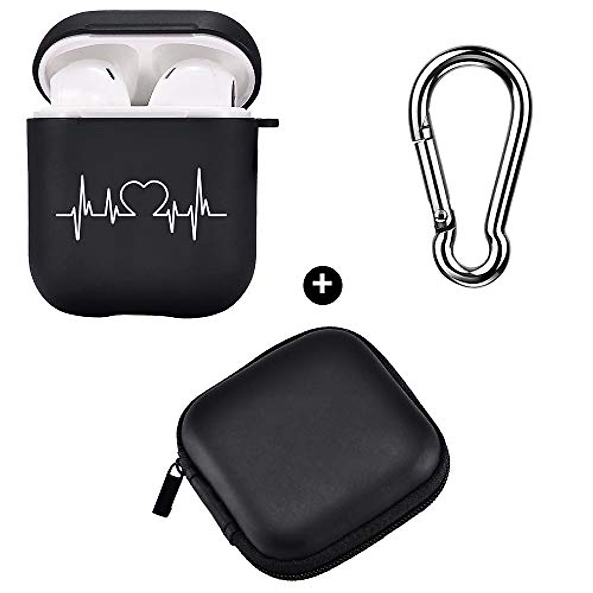 JOYLAND Black Case Cover for AirPod 1&2 w/Keychain Ring+Storage Bag, Love Heartbeat Line Case Wireless Earphone Case Smooth Anti-dust Silicone Protective Soft Skin Cute Case for AirPods 1 & 2