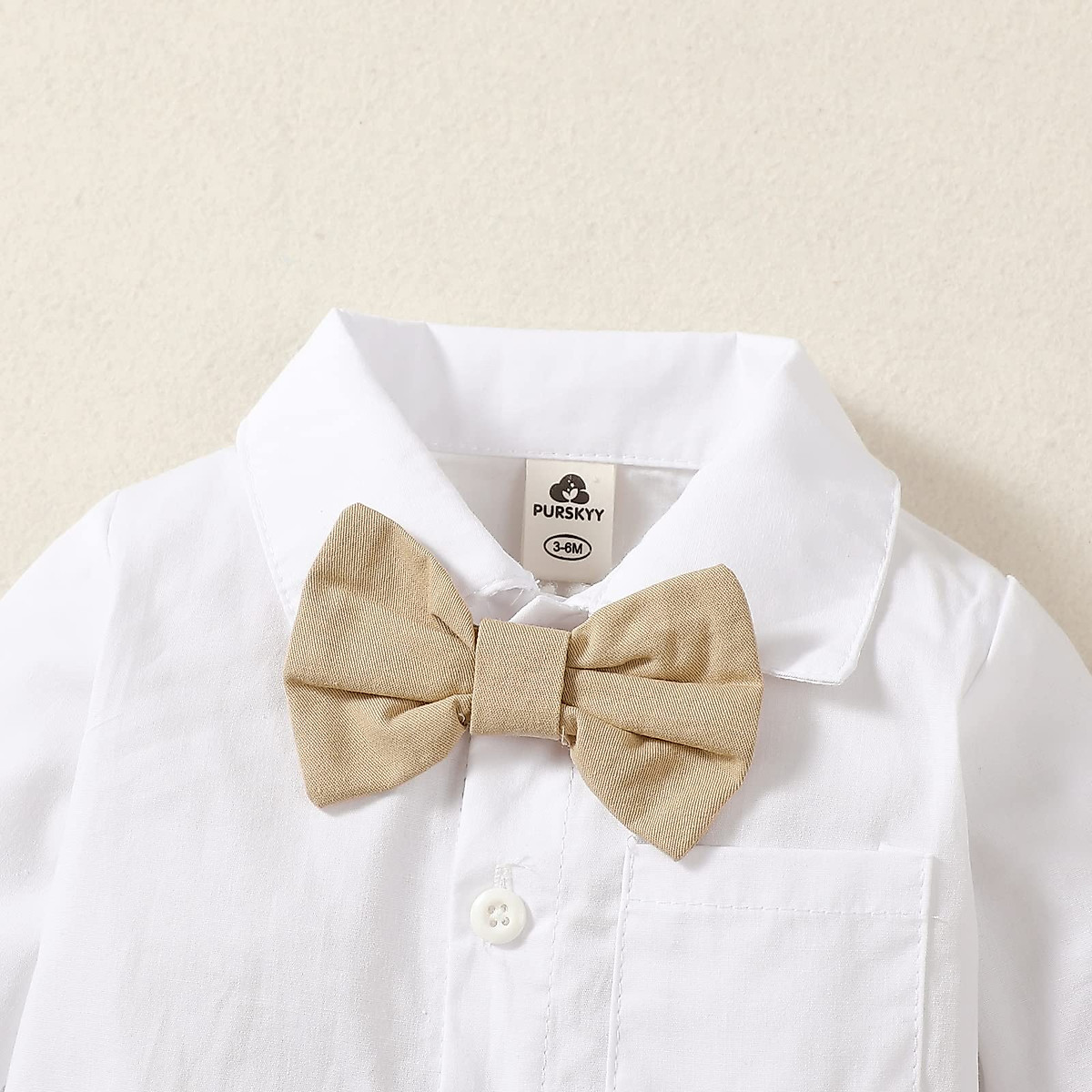 PURSKYY Baby Boy Dress Clothes 3-6 Months, Newborn Gentleman Outfit, Long Sleeves Shirt+ Bowtie+ Khaki Suspenders Pants, Fall Winter Infant Wedding Suit Set