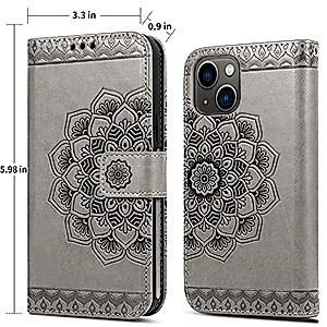 CASEOWL iPhone 13 Wallet Case - Magnetic Detachable 2-in-1 Mandala Embossed Leather with RFID Blocking, Card Holder, Hand Strap (Gray)