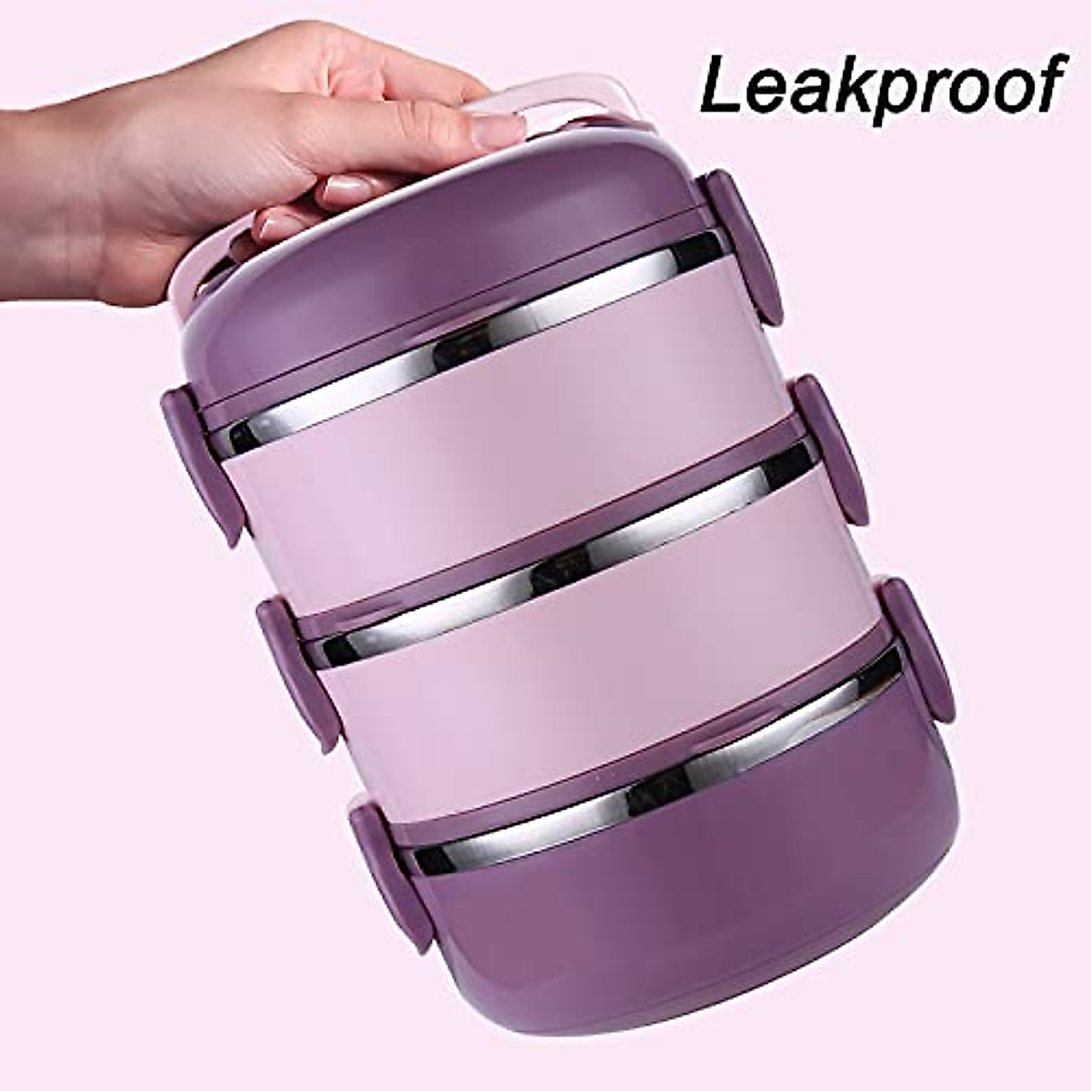 DILUOOU Stackable Lunch Box, 3 Tier Stainless Steel Thermal Lunch Box,Bento Lunch Box for Adult With Lunch Bag & Utensils (Pink)