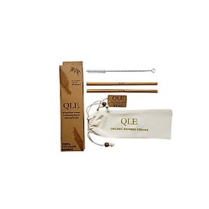 QLE Reusable Bamboo Drinking Straws, Eco Friendly Alternative to Plastic Straws – Organic BPA-Free Biodegradable Zero Waste Straws – Cleaning Brush and Natural Cotton Carrying Bag Included – 12 Pack