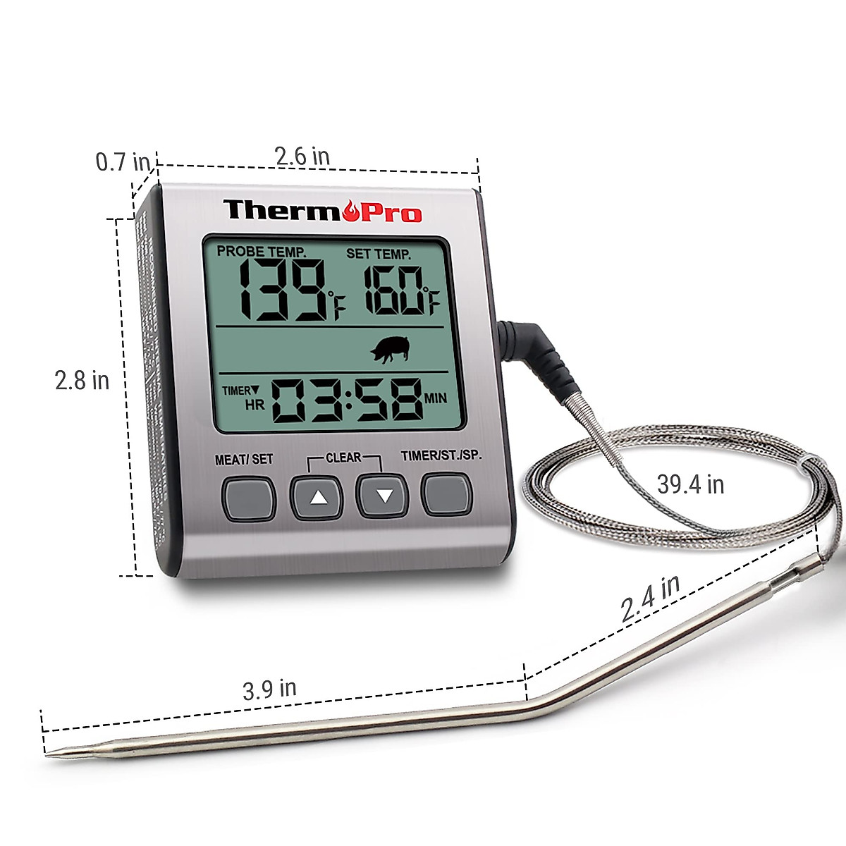 ThermoPro TP16S Digital Meat Thermometer for Cooking and Grilling, BBQ Food Thermometer with Backlight and Kitchen Timer, Grill Temperature Probe Thermometer for Smoker, Barbecue, Oven, Cookware