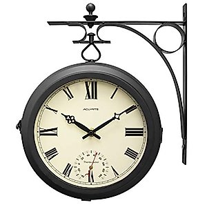 AcuRite 9-Inch Indoor/Outdoor Double-Sided Hanging Clock with 360-Degree Spin Functionality, Iron Metal Frame, Glass Lens, Quartz Crystal Movement, Weatherproof and Premium Thermometer (75140M),Black