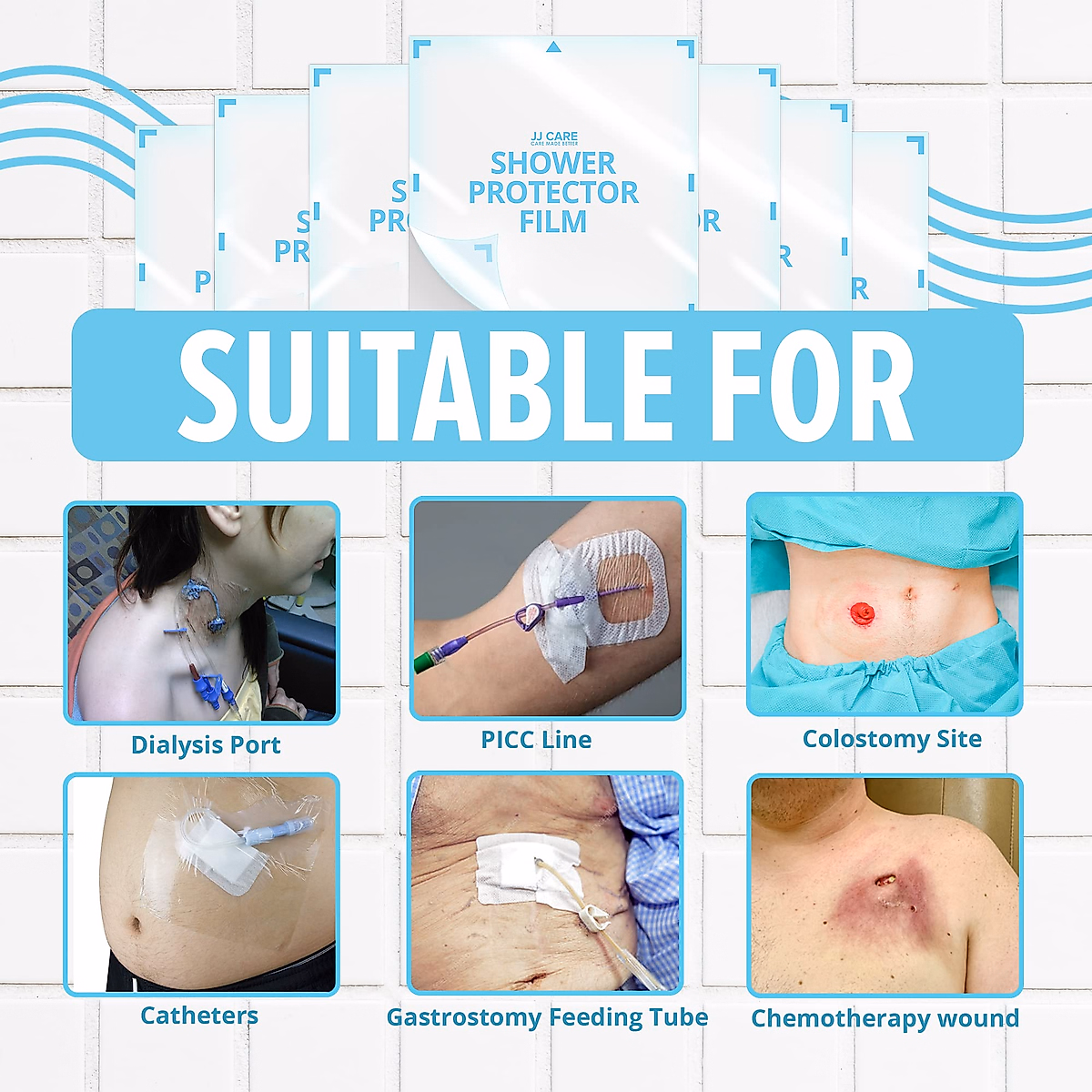 JJ CARE Shower Protector [Pack of 7], 9x9 Dialysis Catheter Shower Cover, PICC Line Water Barrier, Colostomy Shower Shields, Waterproof Bandage Protector, 1 Week Supply