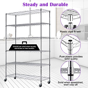 Storage Shelves 6-Tier Wire Shelving Unit Garage Shelving with Wheels 2100LBS Capacity,18" D x 48" W x 78" H Metal Shelves Storage Rack Heavy Duty Shelving for Garage Kitchen Pantry,Chrome