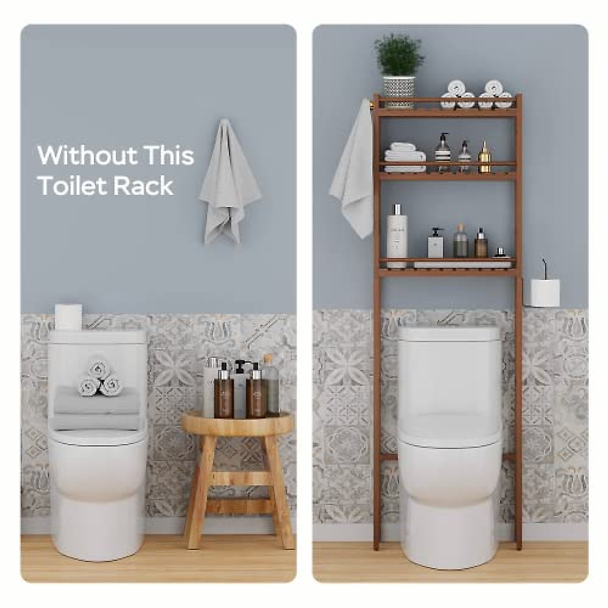 HENGYANG Over The Toilet Storage, 3-Tier Wooden Bathroom Shelf Over Toilet with 2 Hooks & Toilet Paper Holder, 20 inch Over Toilet Shelf Organizer for Bathroom, Restroom, Guardrail to Prevent Toppling