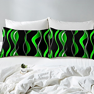 Green Stripe Bed Sheets Set Queen Size, Retro Stripe Swirl Line Art Sheets with Deep Pocket Fitted Sheet Geometric Pastel Gradient Stripes Sheet Set for Kids Boys Girls Geometry Lines Bedding Set