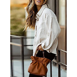 Astylish Womens Long Sleeve Button Up Pocket Shirts Ladies Loose Fit Corduroy Tunic Blouse Tops Beige M