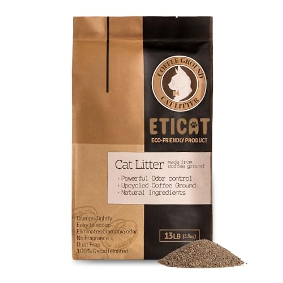 Natural Cat Litter from Upcycled Coffee Grounds - Alternative to Clay and Pellet Litter - Unscented Cat Litter Clumping - Lightweight Litter - Powerful Odor Control - Easy to Scoop - 13 LB