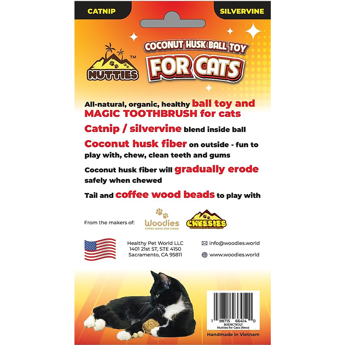 Nutties for Cats - New - Catnip/silvervine Inside, Coconut Fiber Ball, Coffee Wood Beads on Tail