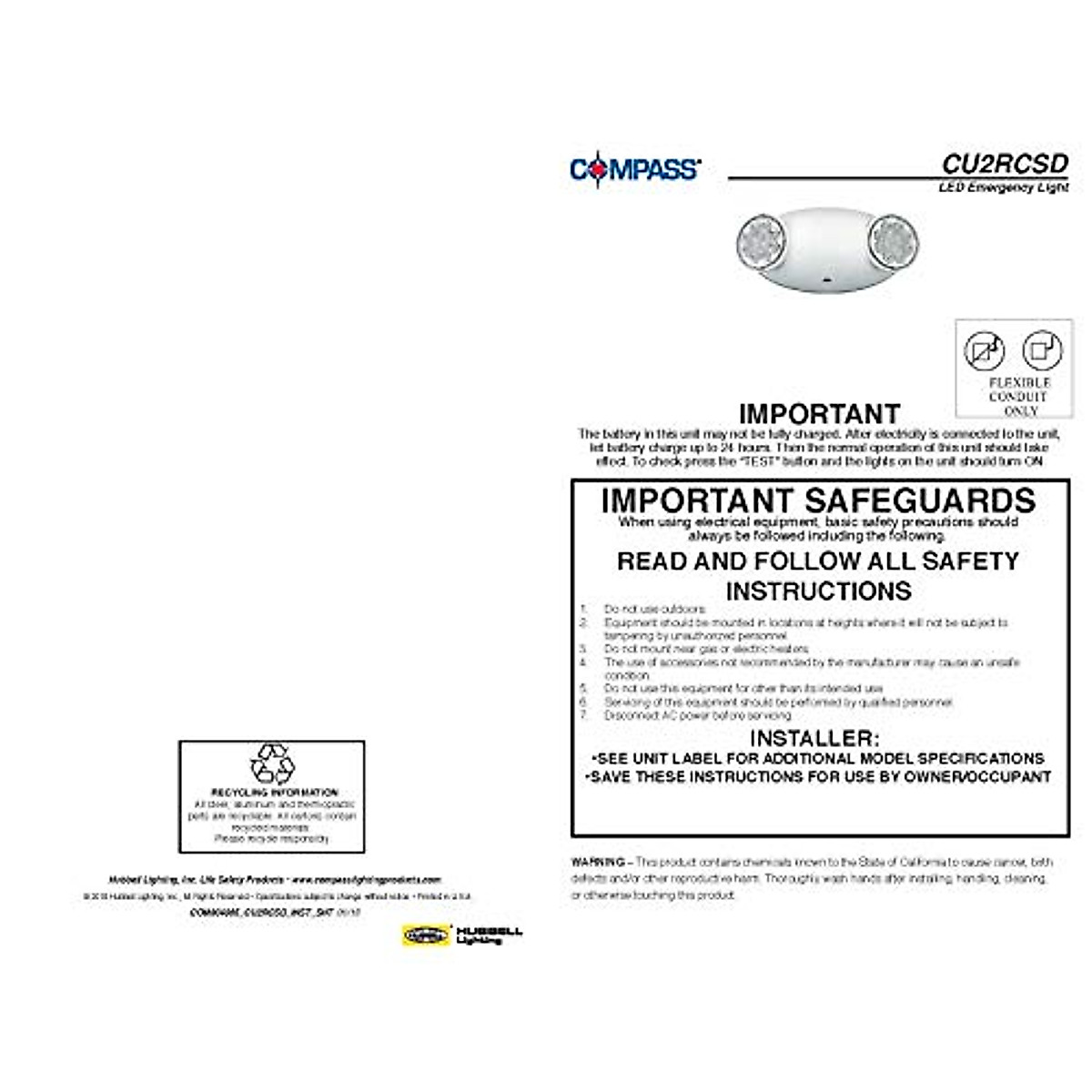 HUBBELL CU2B CU2 Series Commercial Battery Backup, LED Emergency Lighting Fixture with Twin Adjustable Heads, 90-Minute Runtime, UL924 Listed for Damp Locations, 120-277V, Black