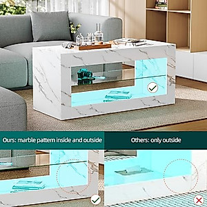Coffee Tables for Living Room, Modern High Gloss Marble Print Center Table with Glass Open Storage and LED Lights - Stylish Home Decor for Coffee and More, White with Gloss